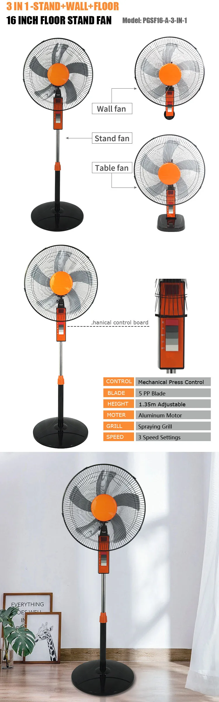 Modern Home Living Room Bedroom Powerful Orange Electric Oscillating ...