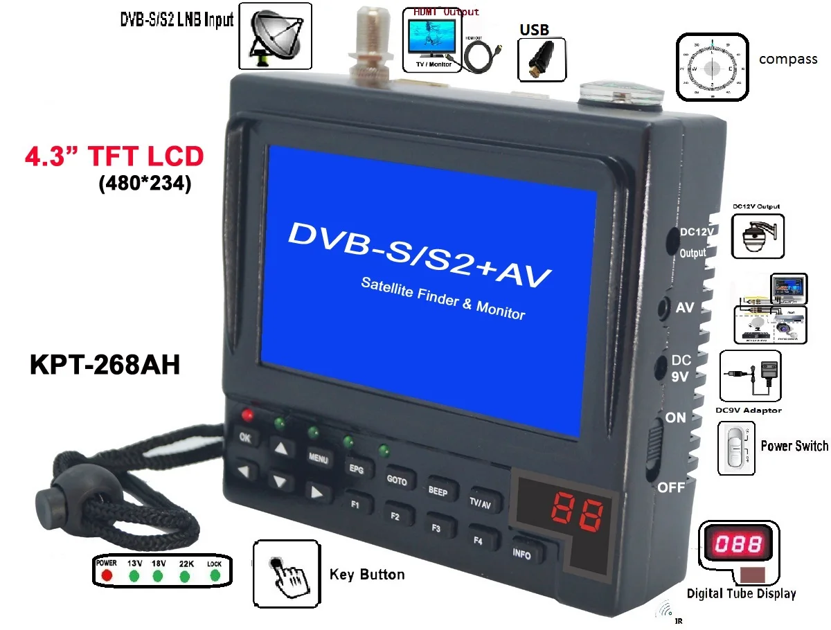 Tft Led Display Kpt-268ah 4.3 Inches Hd Digital Satellite Finder Multi ...