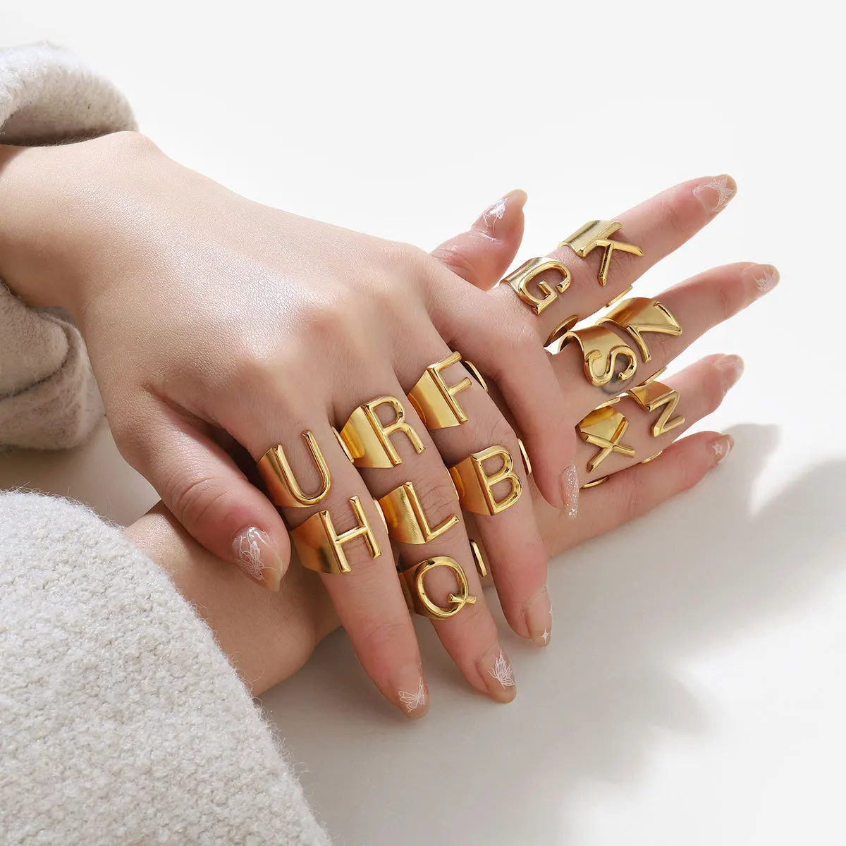 Chunky Stainless Steel A-Z Letter Ring 18k Gold Plated Adjustable ...