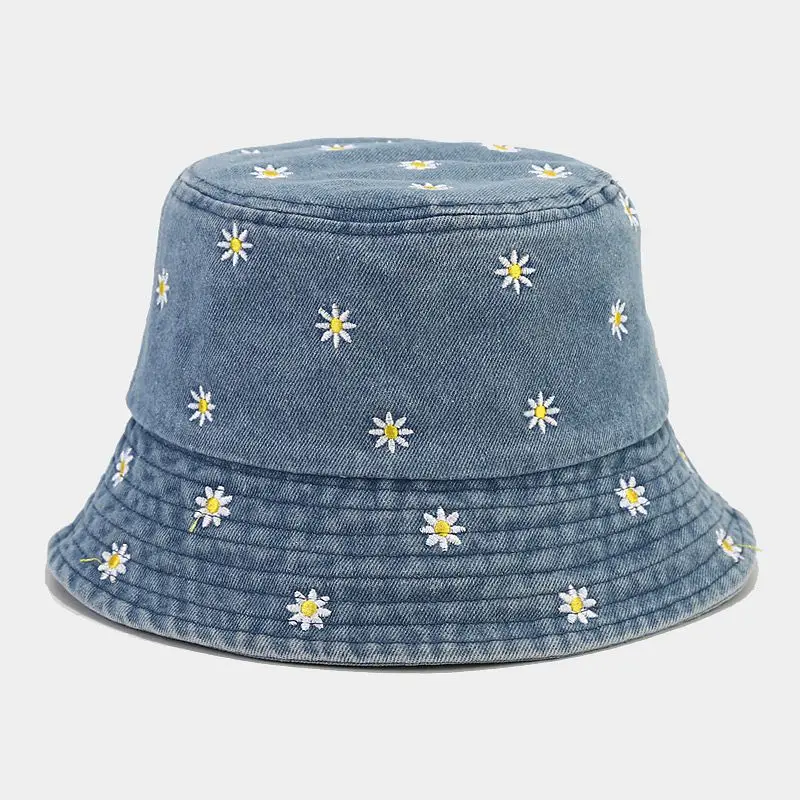 2024 Four Seasons Denim Flower Embroidery Bucket Hat Fisherman Hat ...