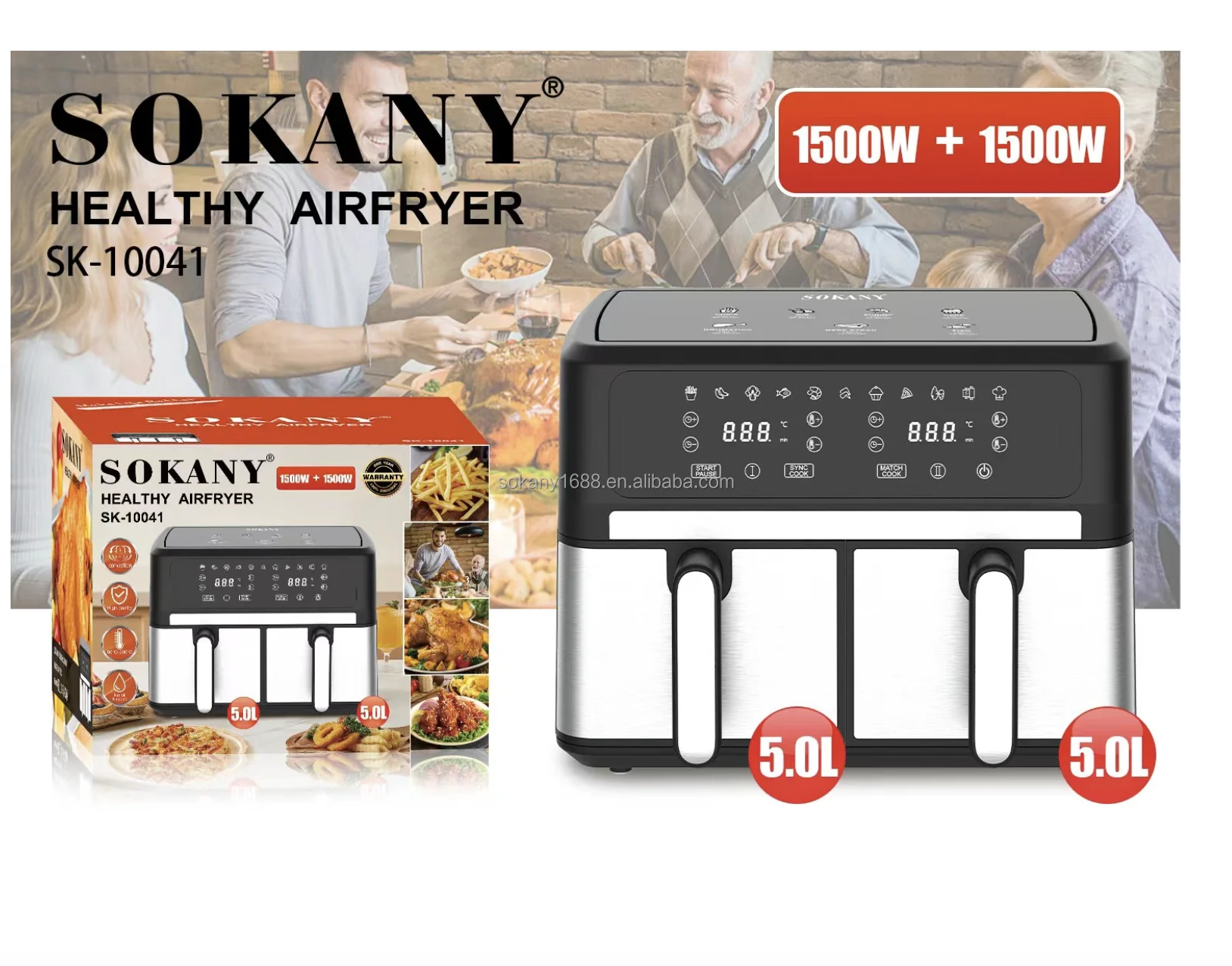 Sokany 10041 Stainless Steel Touch Double Air Fryer Electric Deep Fryer ...