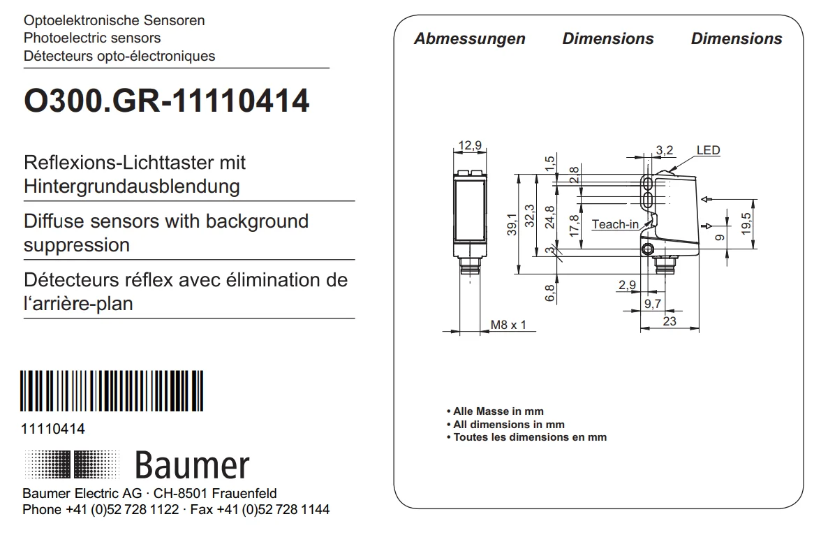 Baumer Diffuse Reflection Photoelectric Switch Sensor O300.gp-11110415 O300.gr-11110414 - Buy ...
