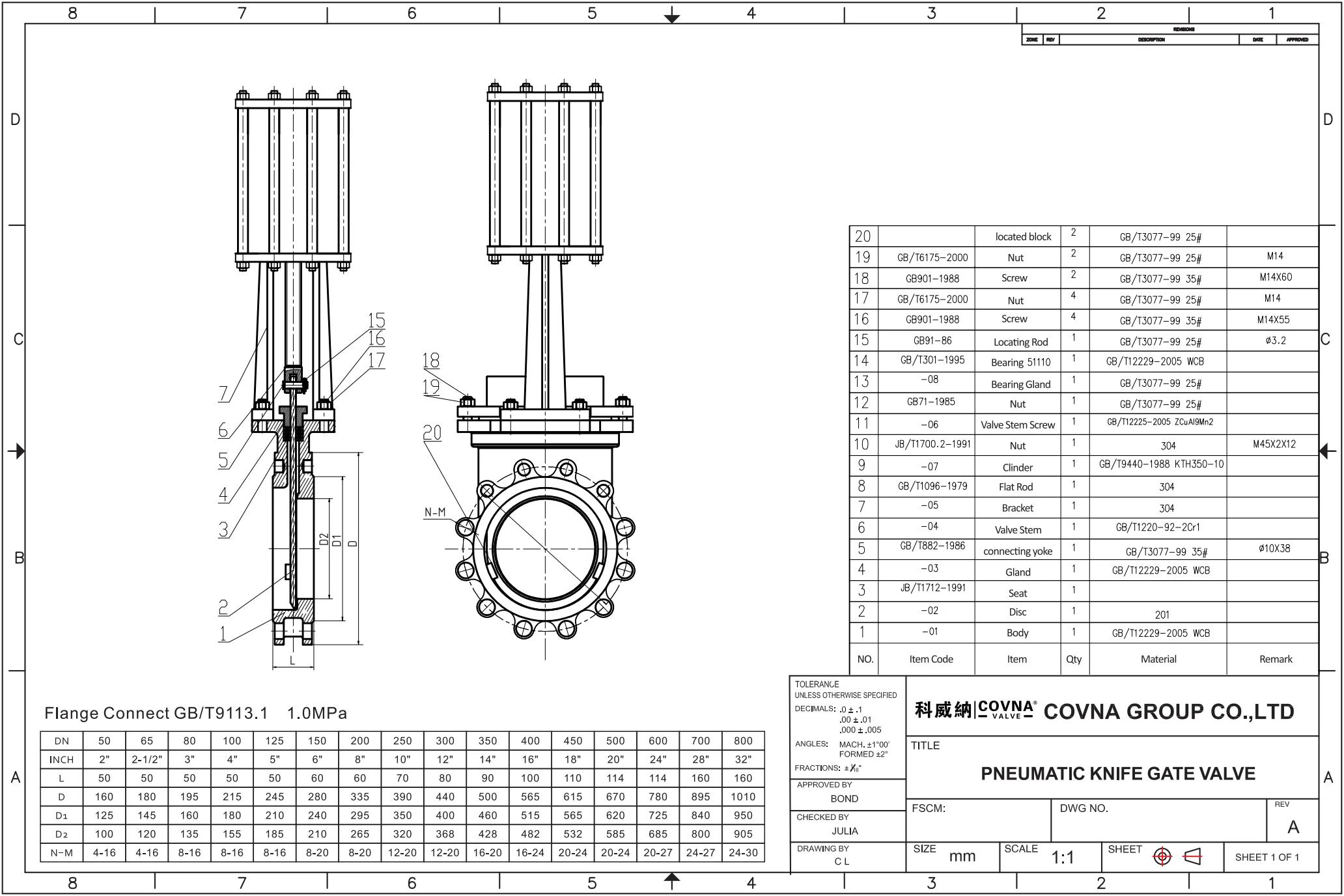 COVNA Pneumatic Knife Gate Valves - Durable & Efficient