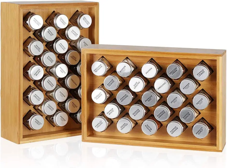 Bamboo Wood Decorative Countertop Spice Rack Cube Jars Pre-Filled with ...