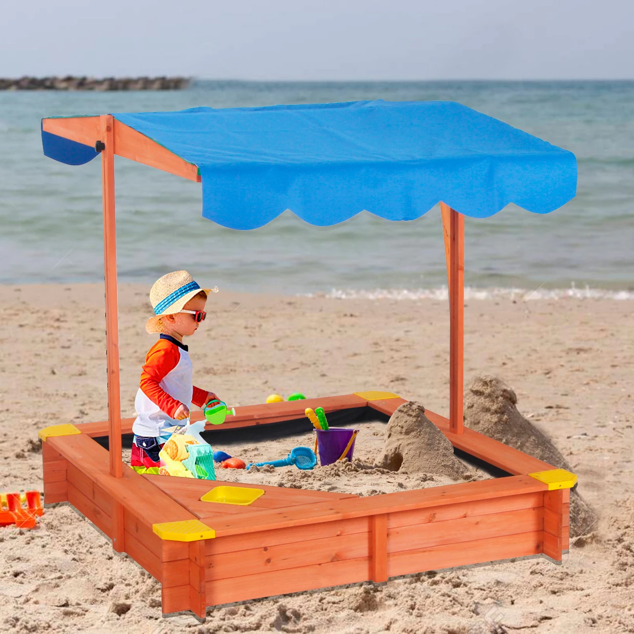 Outdoor Sandpit Wooden Kids Sandbox With Adjustable Canopy Cover For ...
