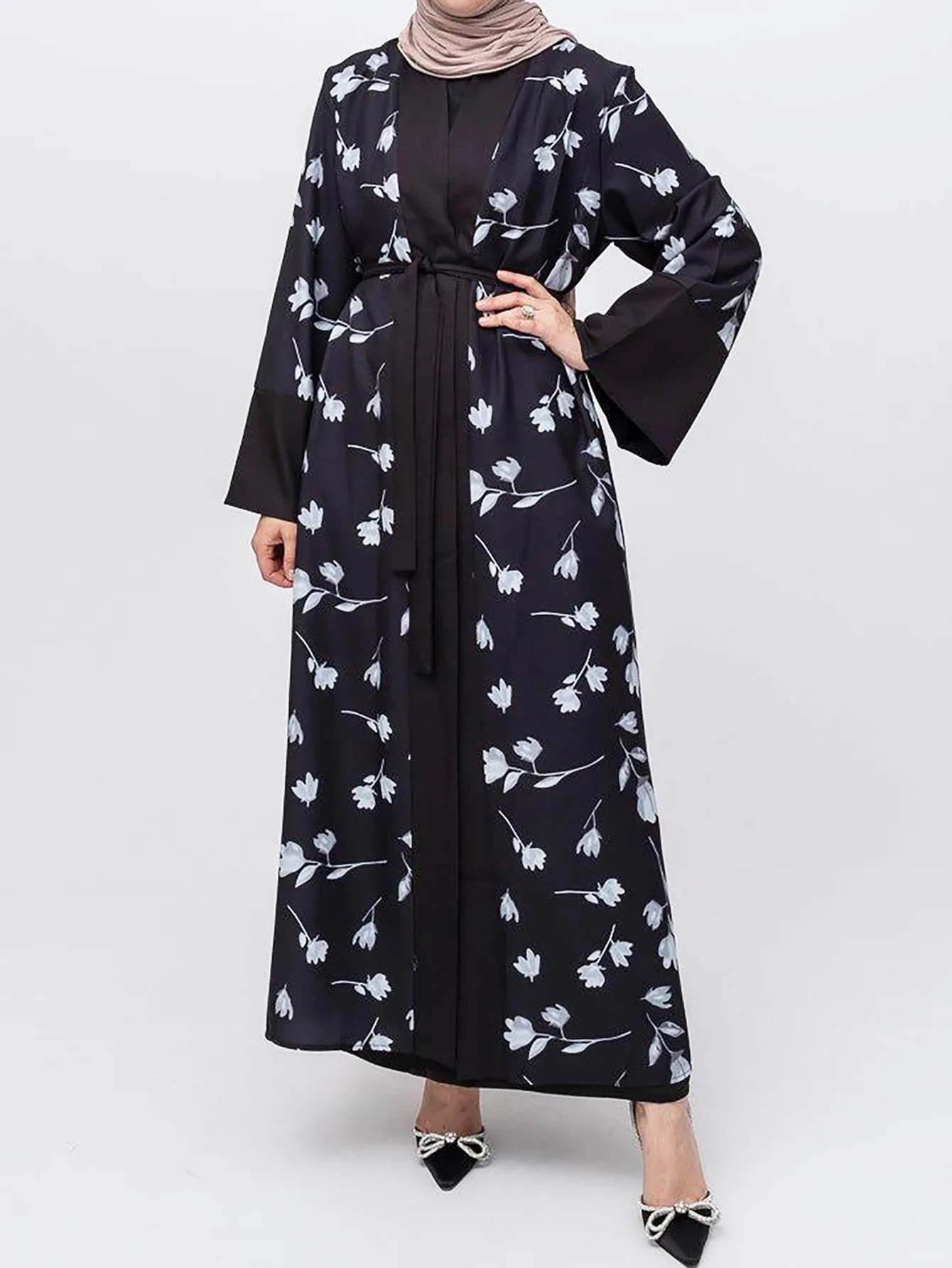 2024 New Beautiful Flower Print Black Abayas Arabic Trendy Modest ...