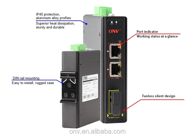 ONV Din Rail Mount Switch - 3-Port Industrial Ethernet POE