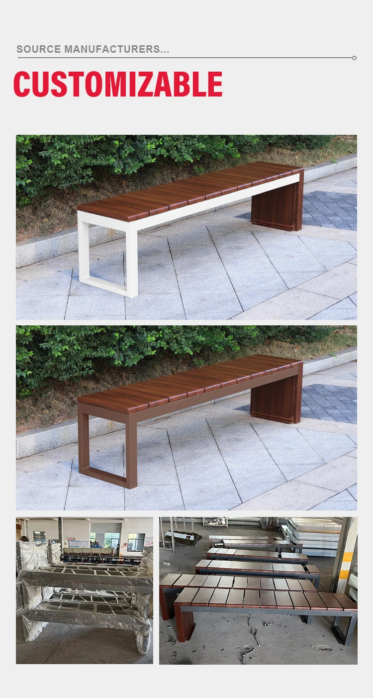 Long Metal and Wood Grain Bench Strong Outdoor Seating Benches in ...