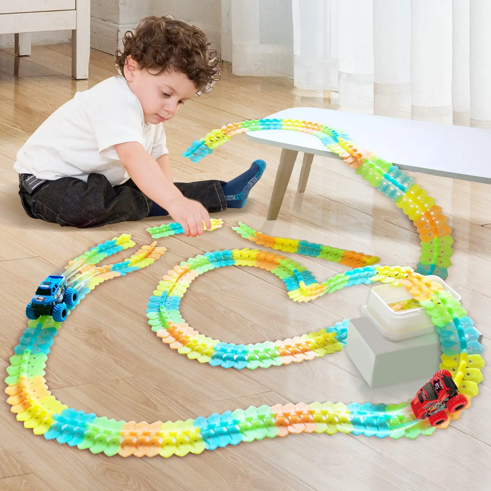 Race Car Track Toy For Kids 144pcs Flexible Tracks Of Glow 1 Led Light ...