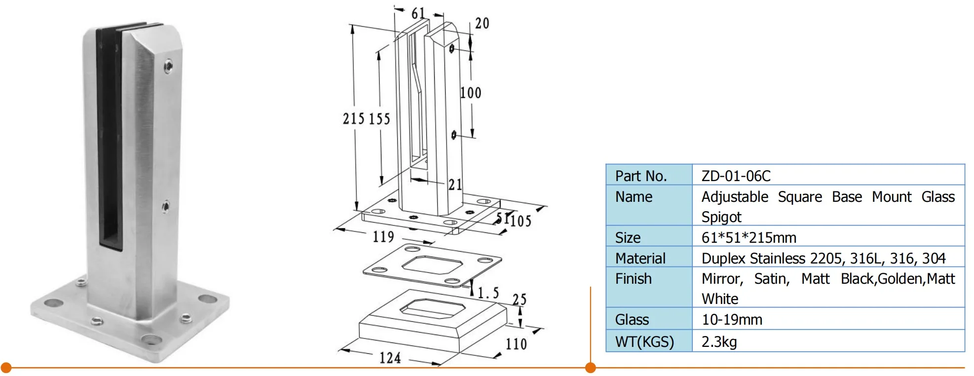 ZDCAST Adjustable Glass Spigot - Frameless Pool Fencing