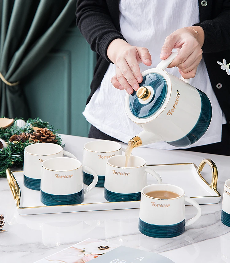 Luxury European Mixing 3 Color Porcelain 6 Cup 1 Pot Tray Ceramic Tea ...