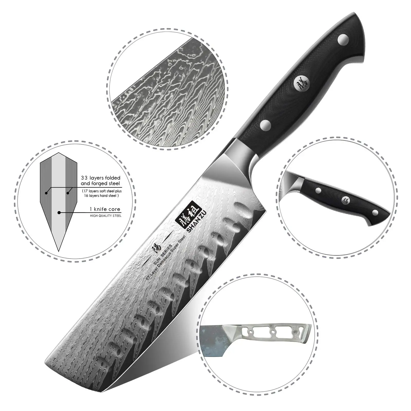SHANZU SUN Series Damascus Steel 6.5inch Knife - Sharp & Durable
