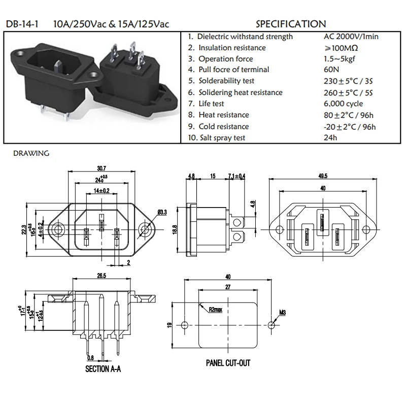 AC Power Plug C14 Triangular Socket DB-14-1 Male Connector with Holes ...