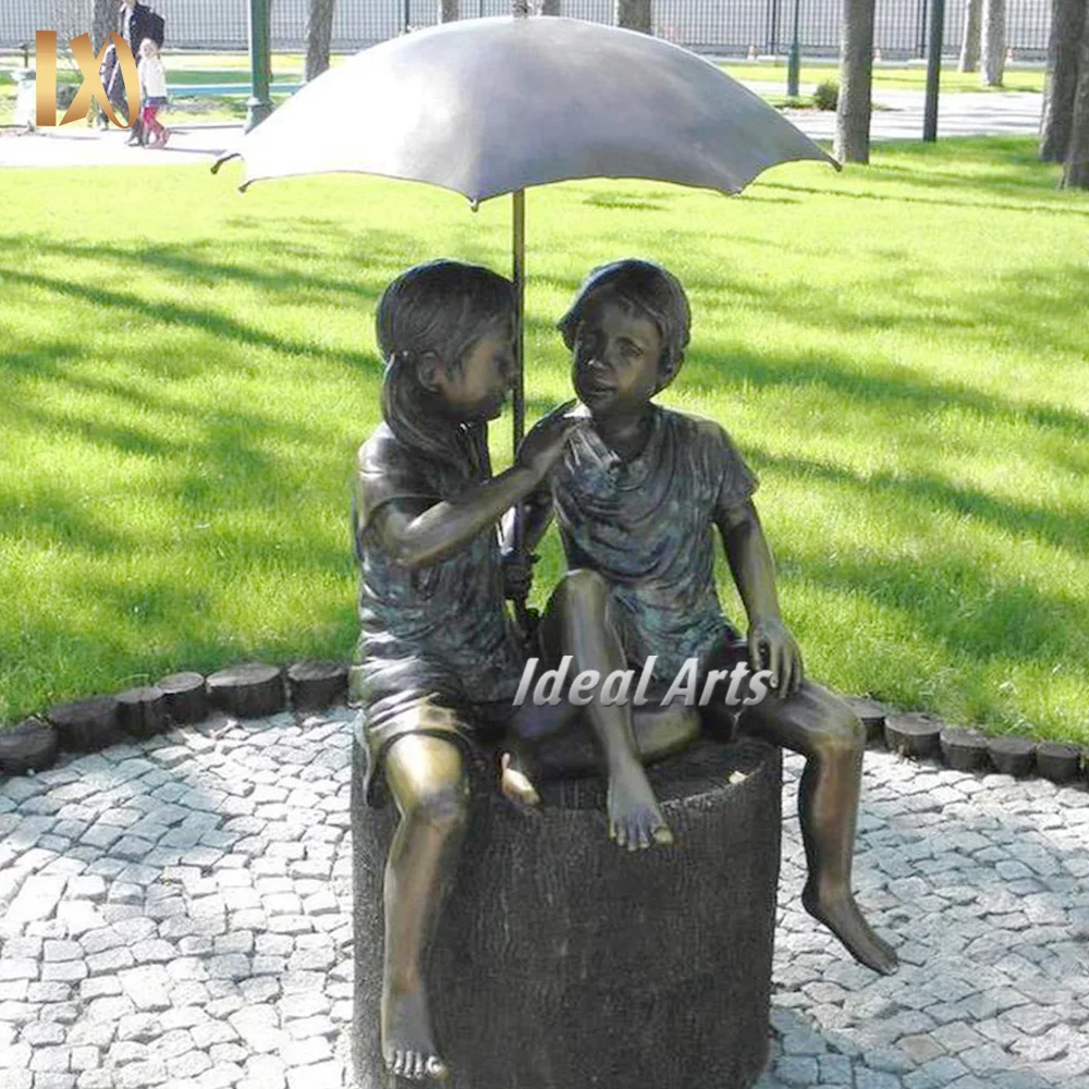 Custom Life Size Children With Umbrella Bronze Metal Garden Statue ...