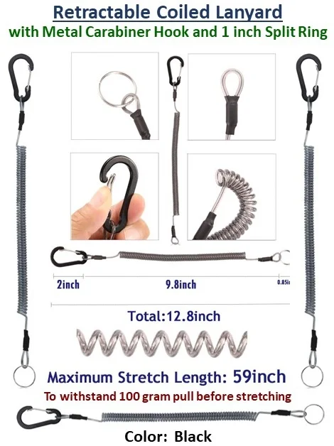 Retractable Coiled Spring Tool Lanyard With Metal Carabiner Clip And 1 ...