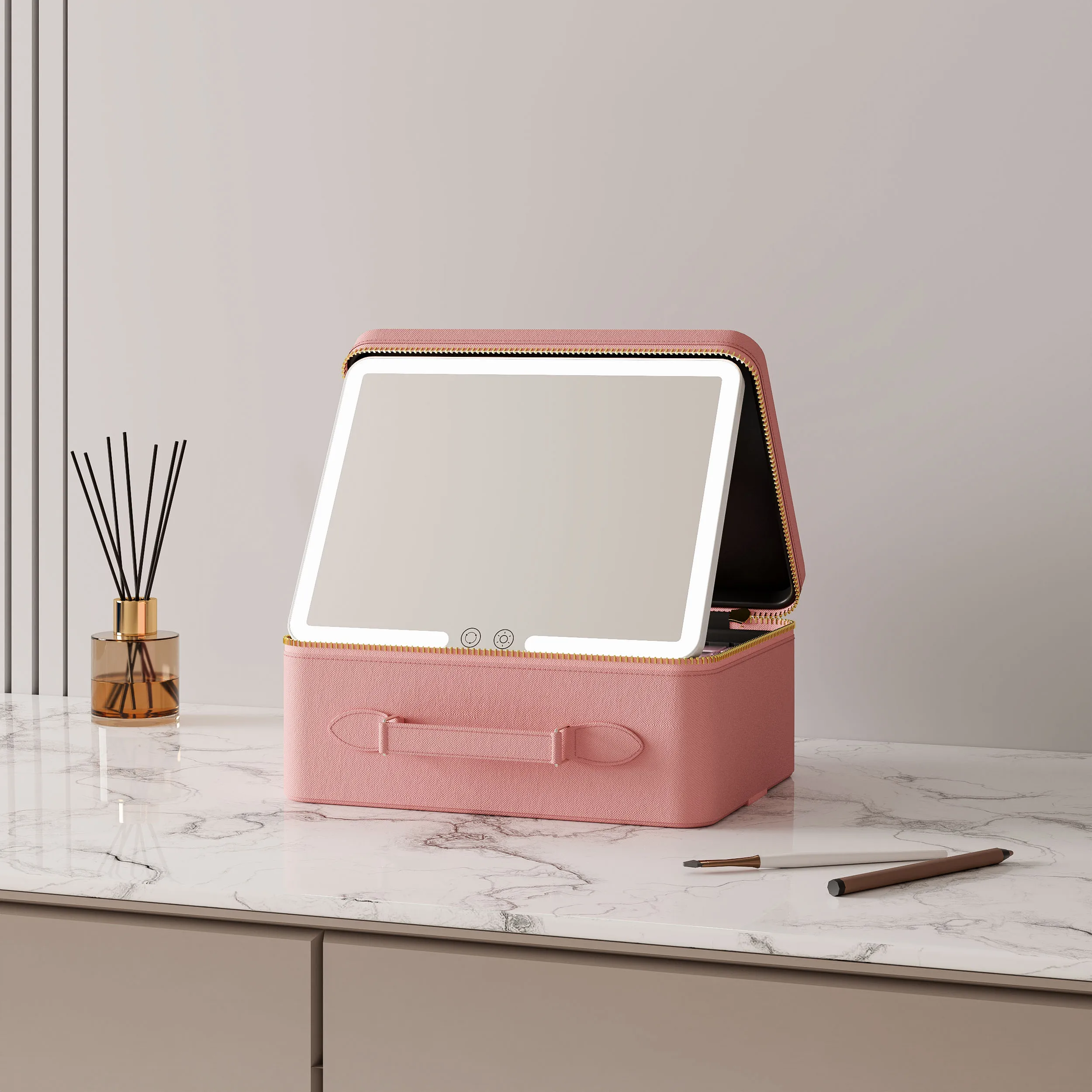 Portable Vanity Storage Box Lighted Type-C Charging Pu Leather Pink ...