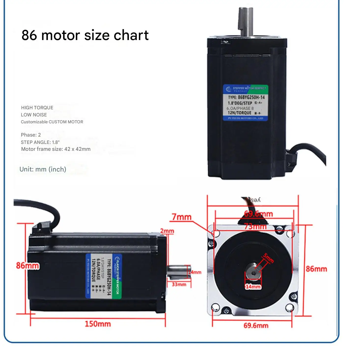 86 Stepper Motor 12N Torque Motor Cable Length 1.5M Model: 86BYG250H ...