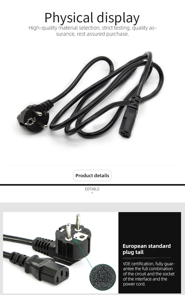 High Quality 3 Pin Ac European Power Plug Cable Wholesale Eu Ac Power ...