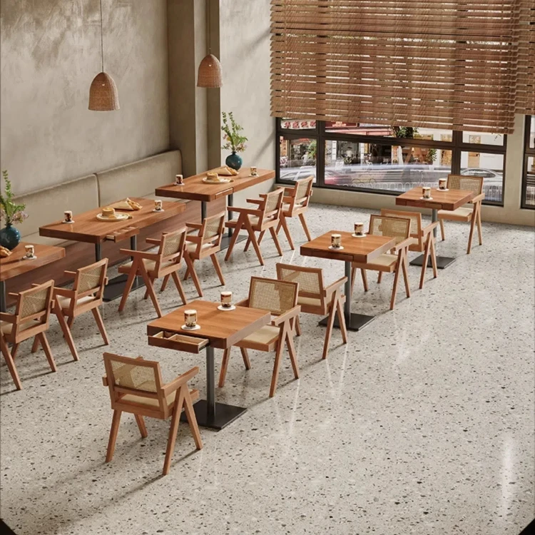 Solid Wood Dining Table with Drawers Fast Food Restaurant Long Tables ...
