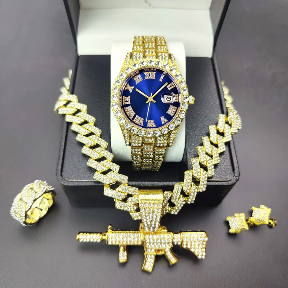Iced Out Watches - Cuban Link Chain Bracelet Set for Men