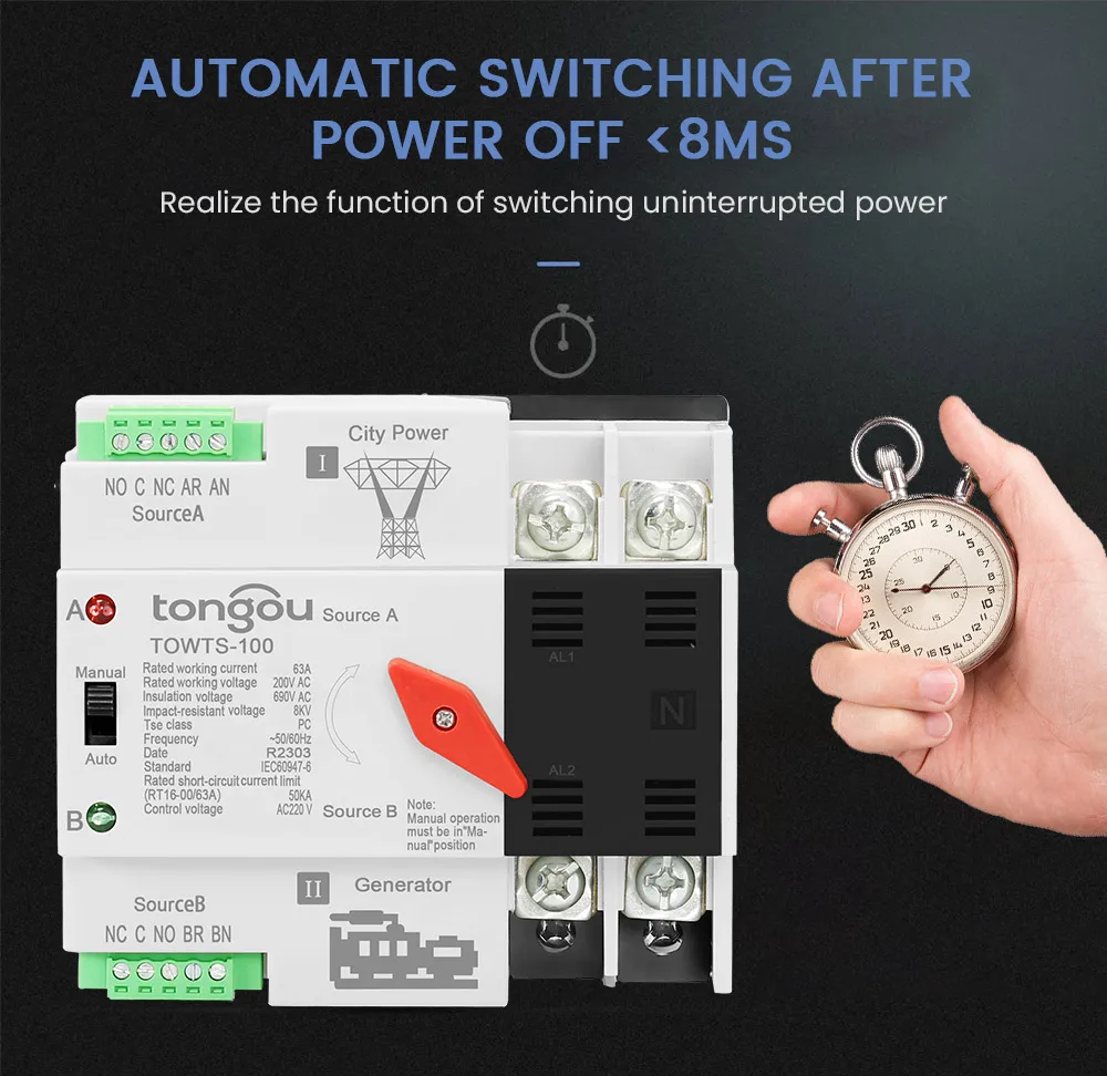 3P 16A-100A ATS Automatic Transfer Switch - Dual Power 220V