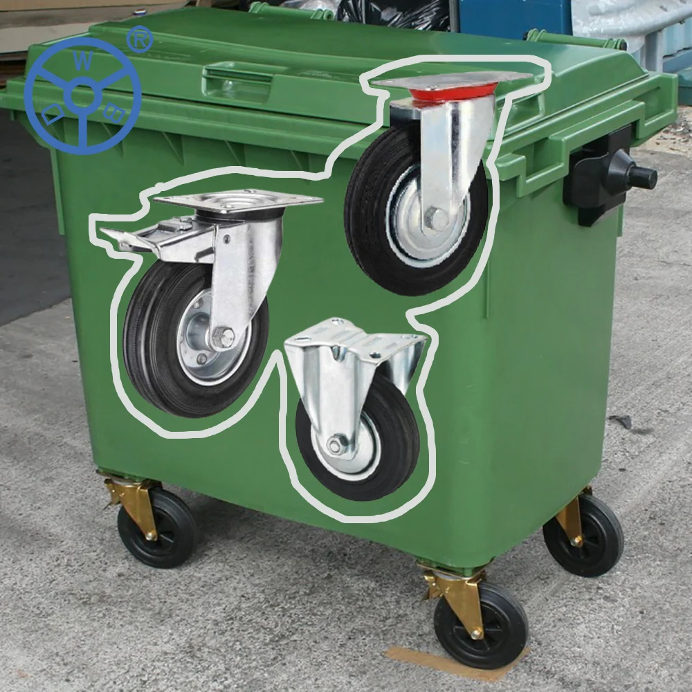 Durable Rubber Swivel Caster Wheels with Brake for Waste Bins
