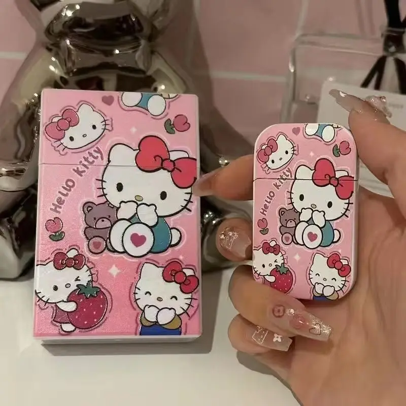 Cartoon Kuromi Hello Kitty Cigarette Case And Lighter Set Windproof Gas ...