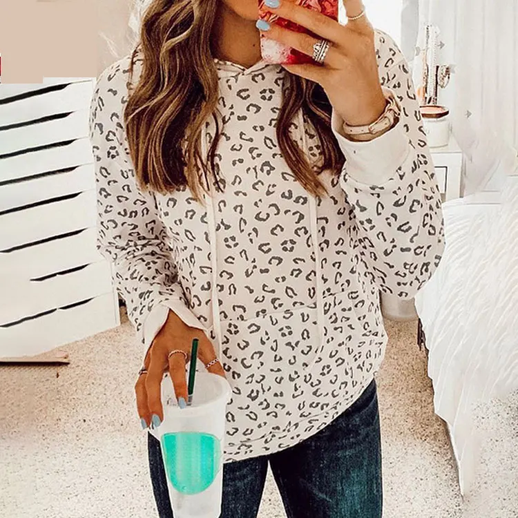 Autumn And Winter Casual White Drawstring Leopard Print Women Pullover Hoodies Cheetah Leopard ...