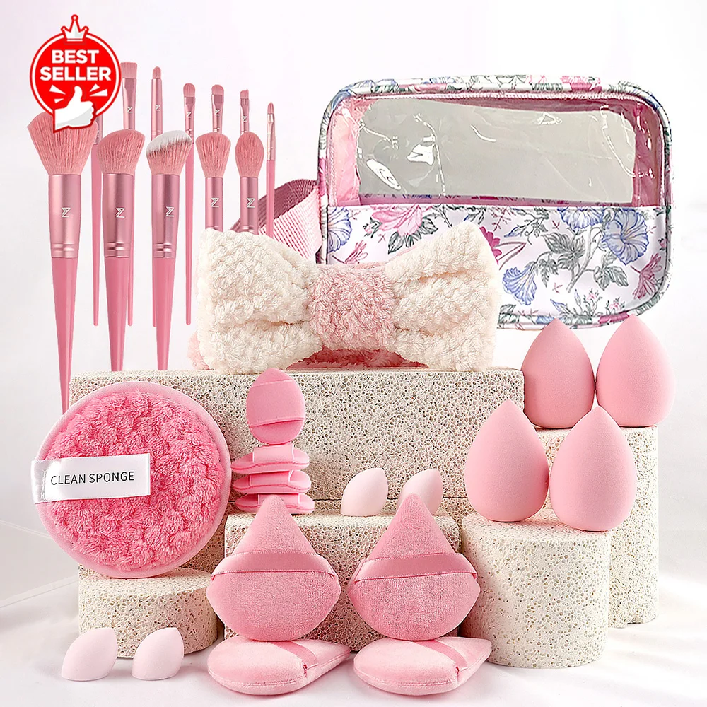 32 Piece Pink Makeup Tool Set Floral Bag Brush Collection Beauty Sponge ...