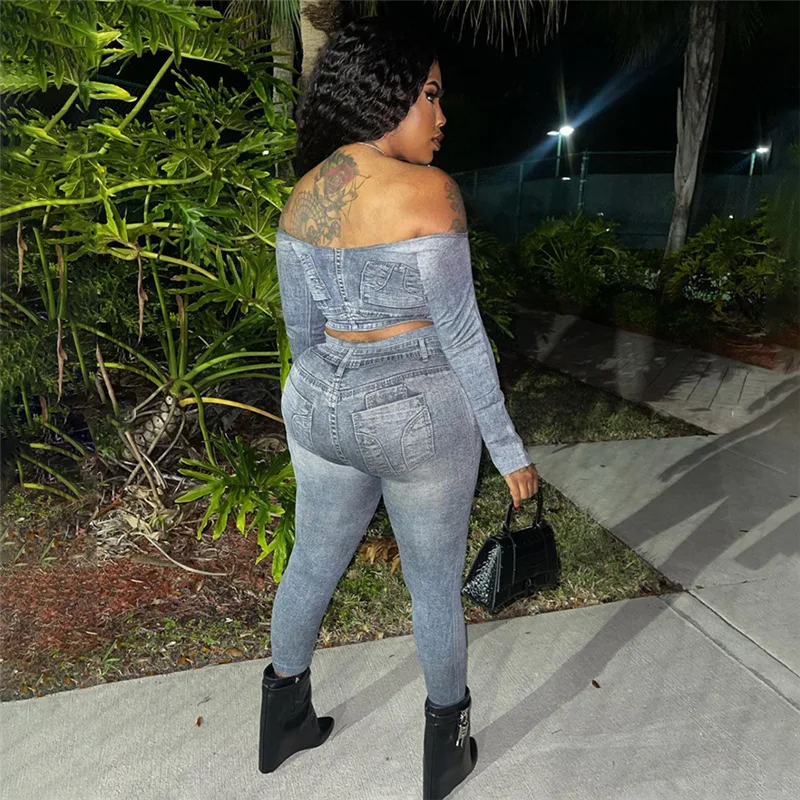 Sexy Fashion Printed Legging Set With Off Shoulder Crop Top Long Sleeve