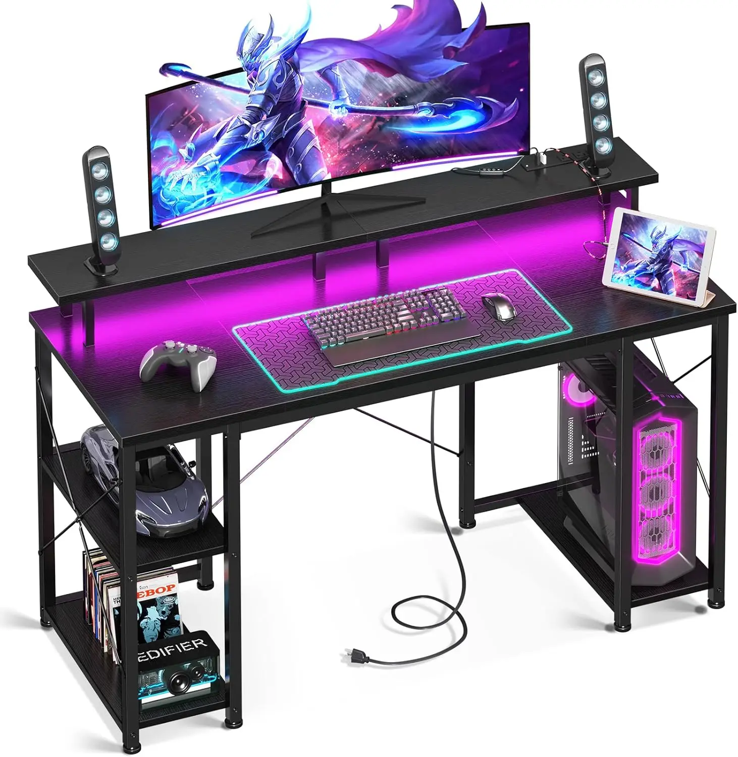 Gaming Desk with LED Lights, Computer Desk with Monitor Stand & Storage ...