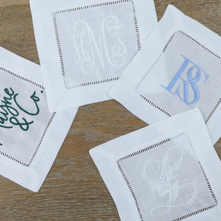 Monogrammed Linen Napkins - Hemstitch Patterned Embroidery