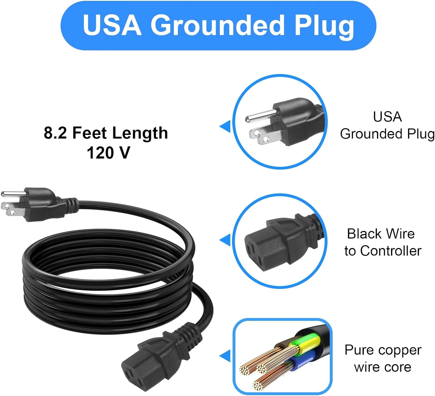 US Type 3-Prong Three Prongs Port Electric Extension Cord AC Power Cord ...