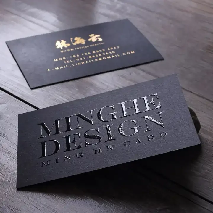 Luxury Black Embossed Business Card with Gold Foil Stamping