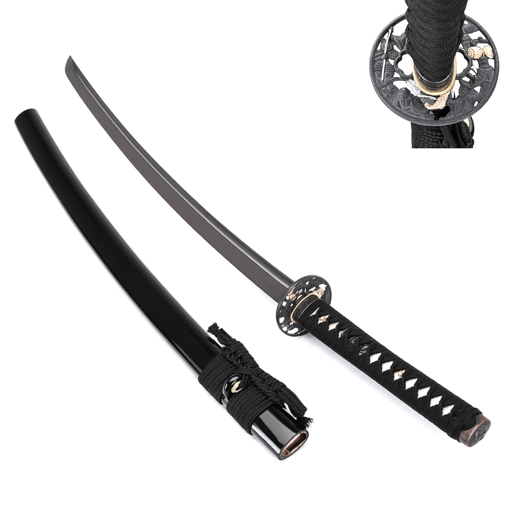 Hand Forged Ancient Tsuba Black Saya Wooden Swords Cold Weapon Japanese ...