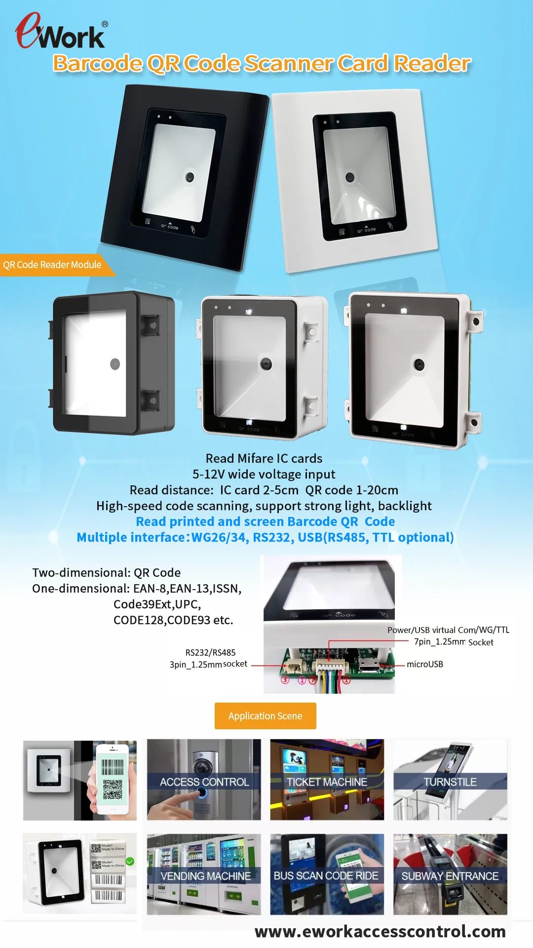 Rfid Reader Qr Code Scanner Access Control Card Reader Wg26/34,Rs232,Rs485,Tcp-ip 2d Smart ...