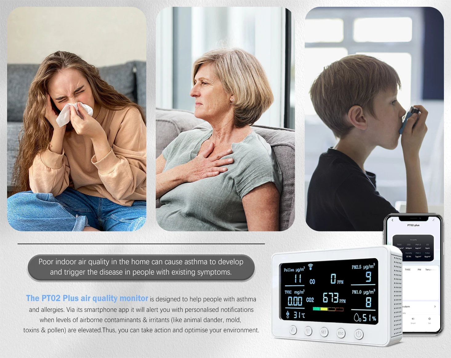 Wi-Fi Air Quality Monitor Detects Pollen, TVOC, CO, CO2, PM2.5, 1.0 ...