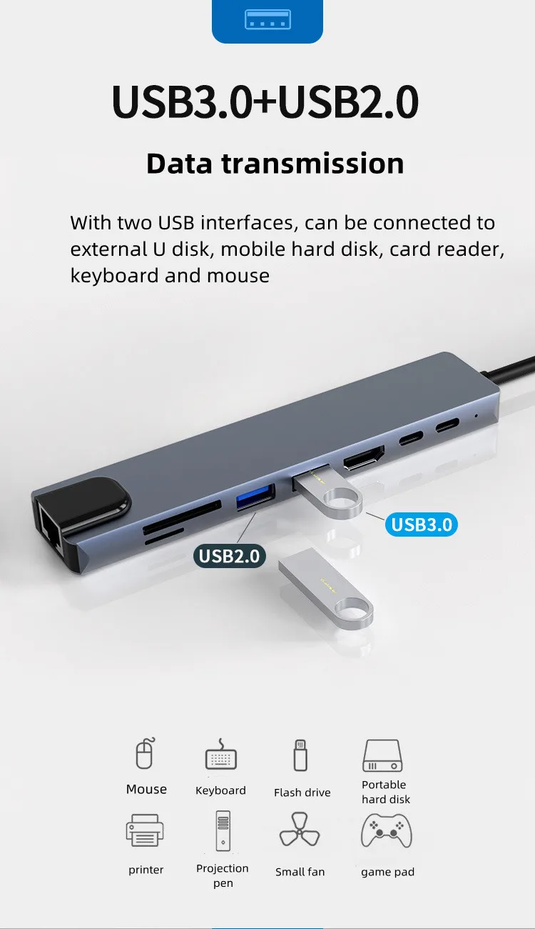 8 Port Usb Type C Splitter 3.0 Hubs Docking Station With 4k/pd//rj45/cardreader For Hub - Buy ...