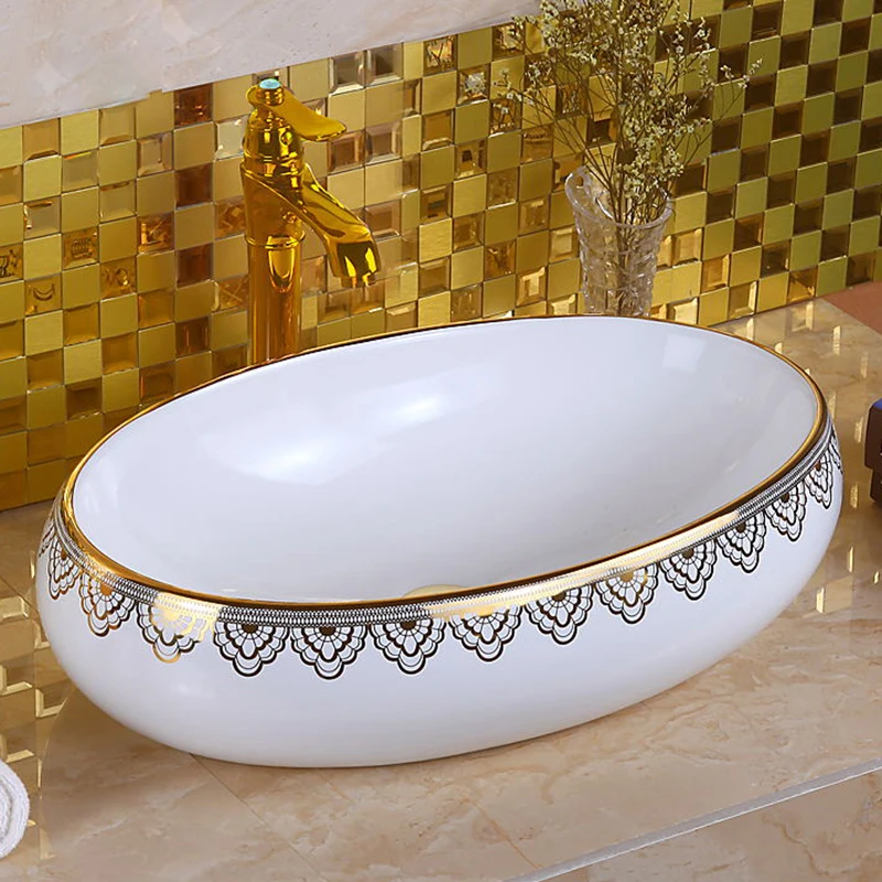 Luxury Oval Countertop Vessel Sink - Gold Plated Washbasin
