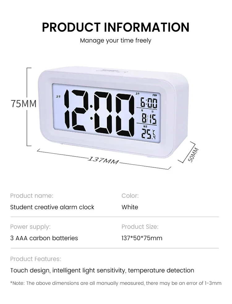 Plastic Smart Square Clock Calendar Temperature LED Alarm