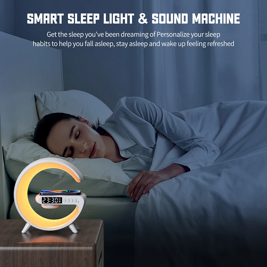 Qi 15w G Shaped Wireless Charger Led Lamp With Bt Speaker Alarm Clock ...