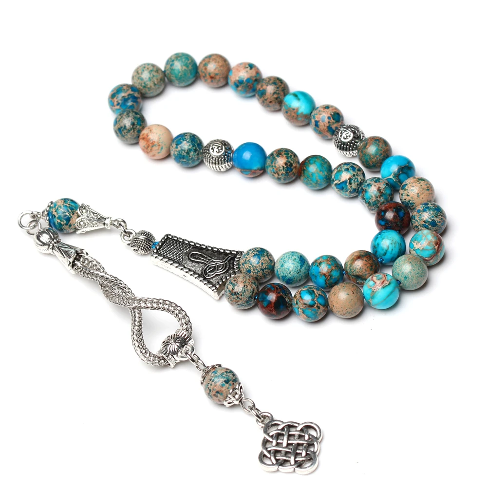 Silver Tassel Tasbih Prayer Beads - Natural Emperor Stone
