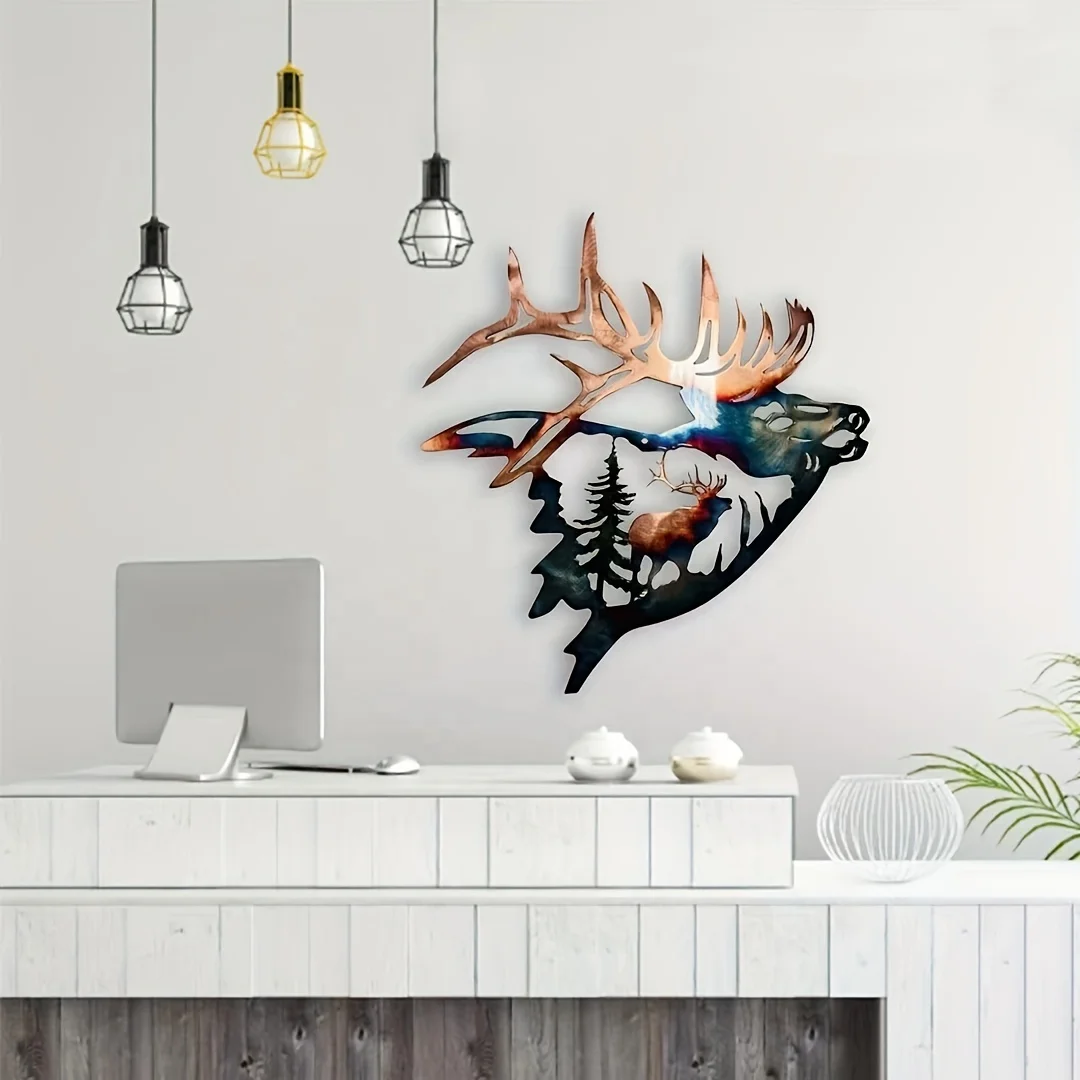 3d Metal Wall Sculptures Painting Hanging Elk & Forest Scene Metal Wall ...