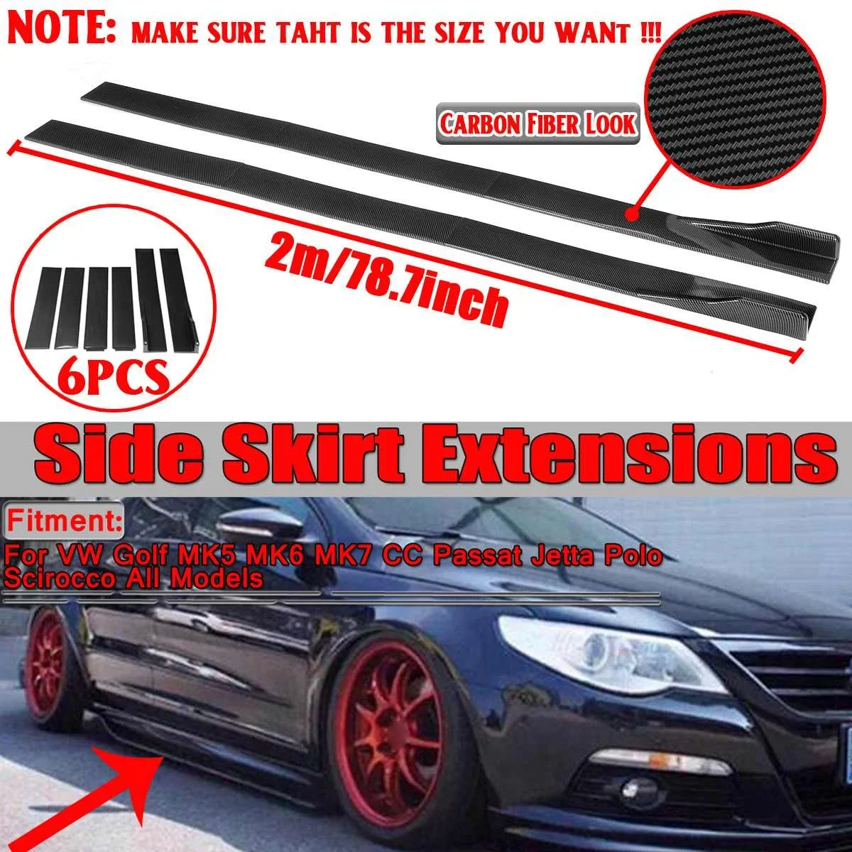 2m Car Side Skirt Splitter Winglet Side Wing Bumper Lip for VOLKSWAGEN ...