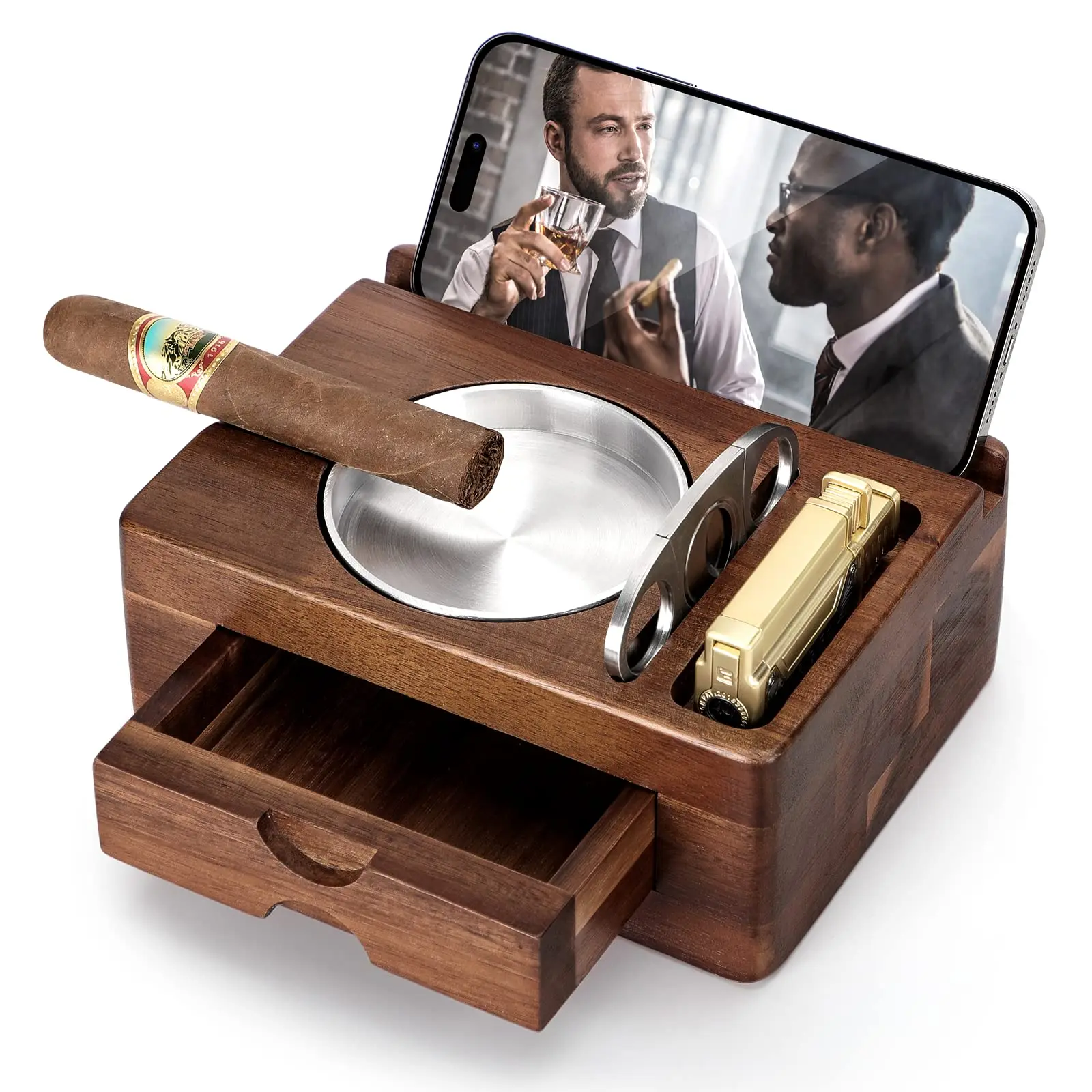 Handmade Wooden Cigar Humidor With Cigar Ashtrays Detachable Whiskey ...