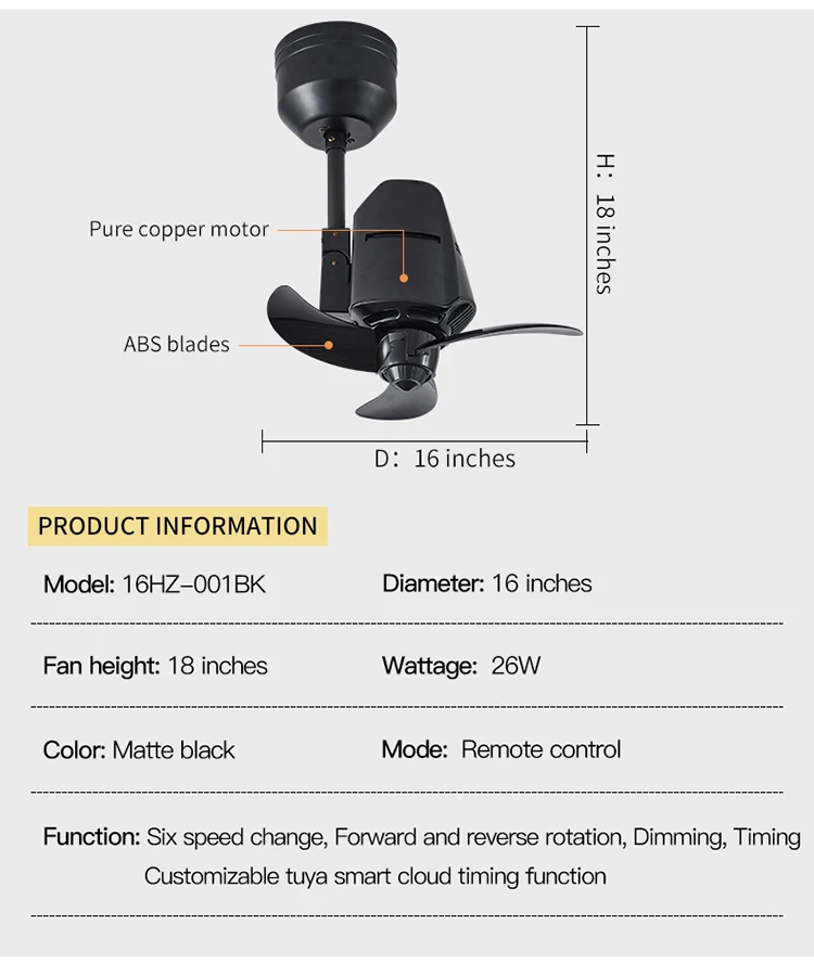 16 Inch Small Size Ceiling Fan 120 Degrees Rotation 3 Abs Blades High ...