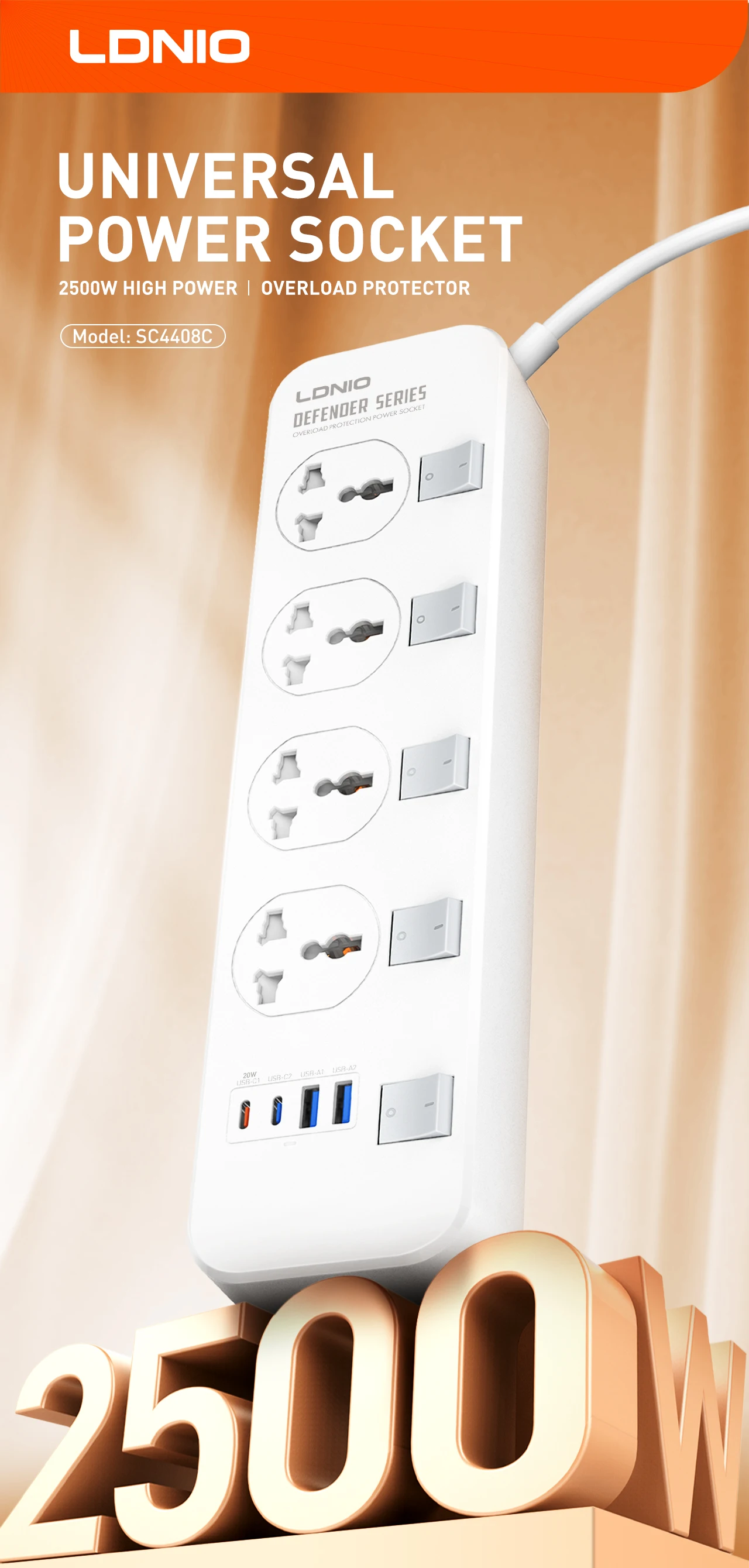 LDNIO SC4408C 4 Outlets 4 USB Universal Desktop Power Strip Universal ...