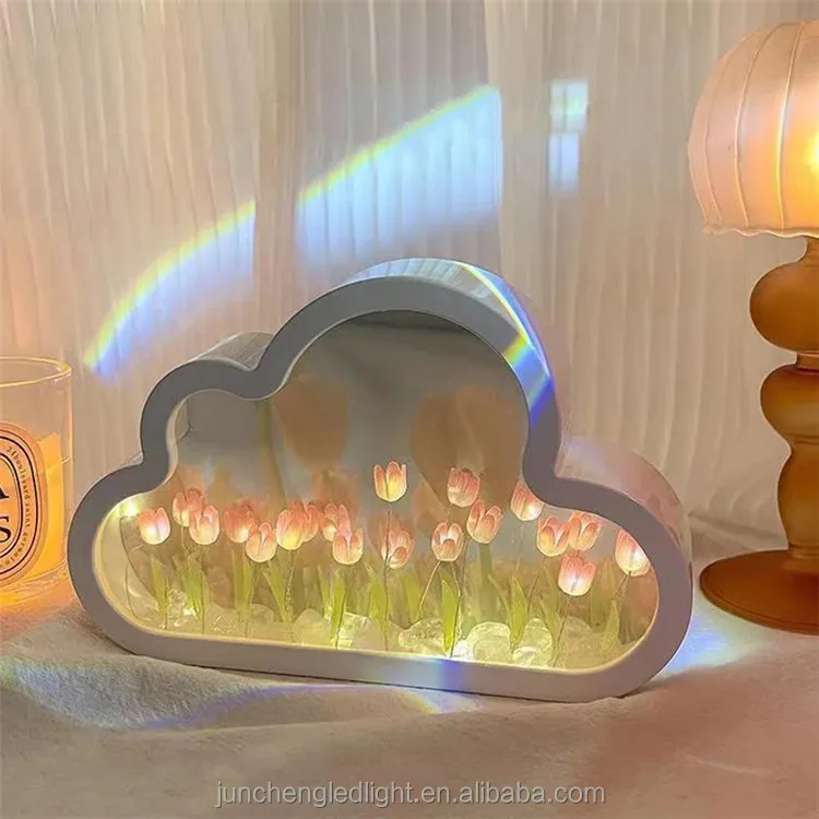 Handmade Diy Cloud Shaped Night Light Tulip INS Girl Room Flower Night Light Small Mirror Lights ...