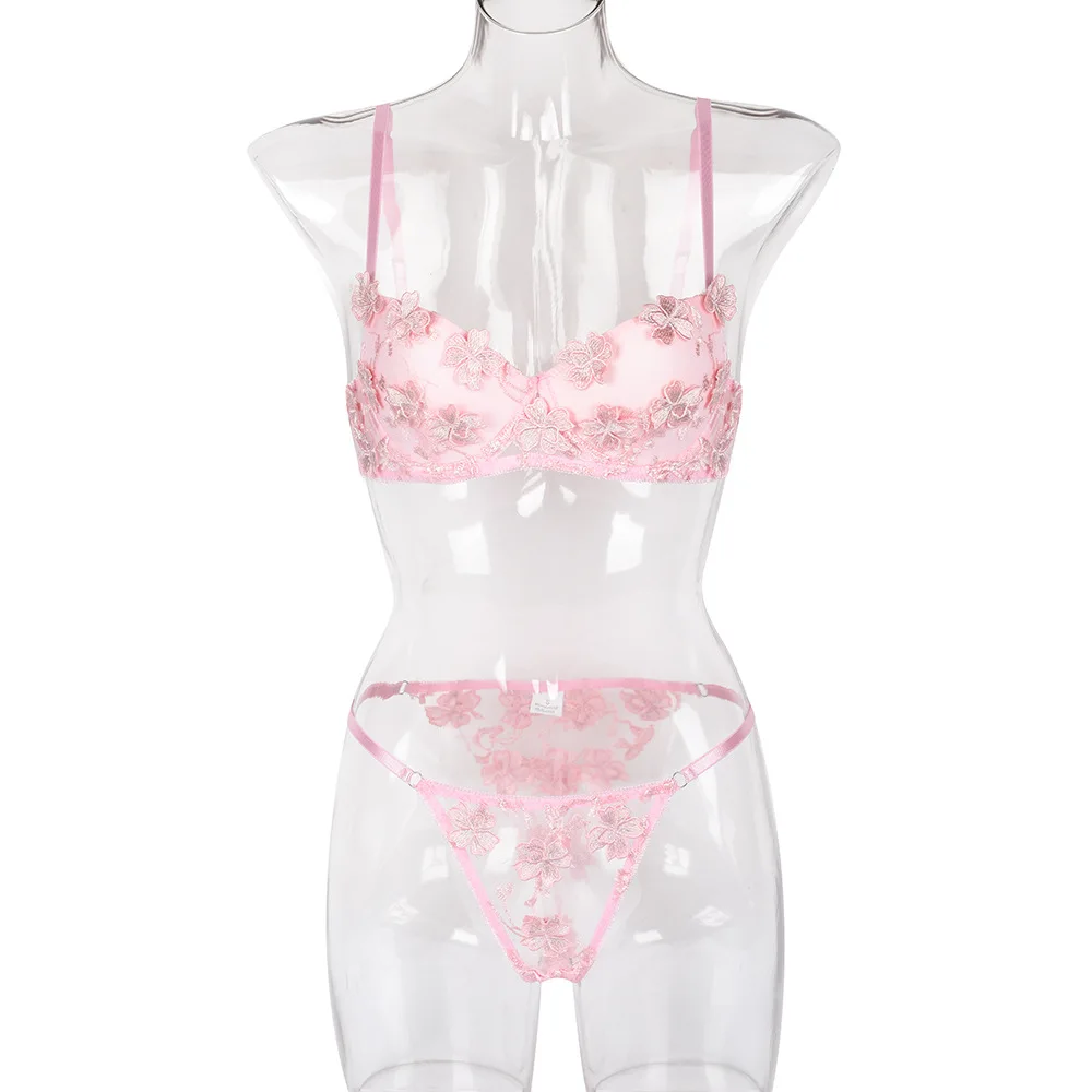 Women See Through Lace Bra And Thongs Panty Lingeries Set Floral Embroidery Mature Ladies ...