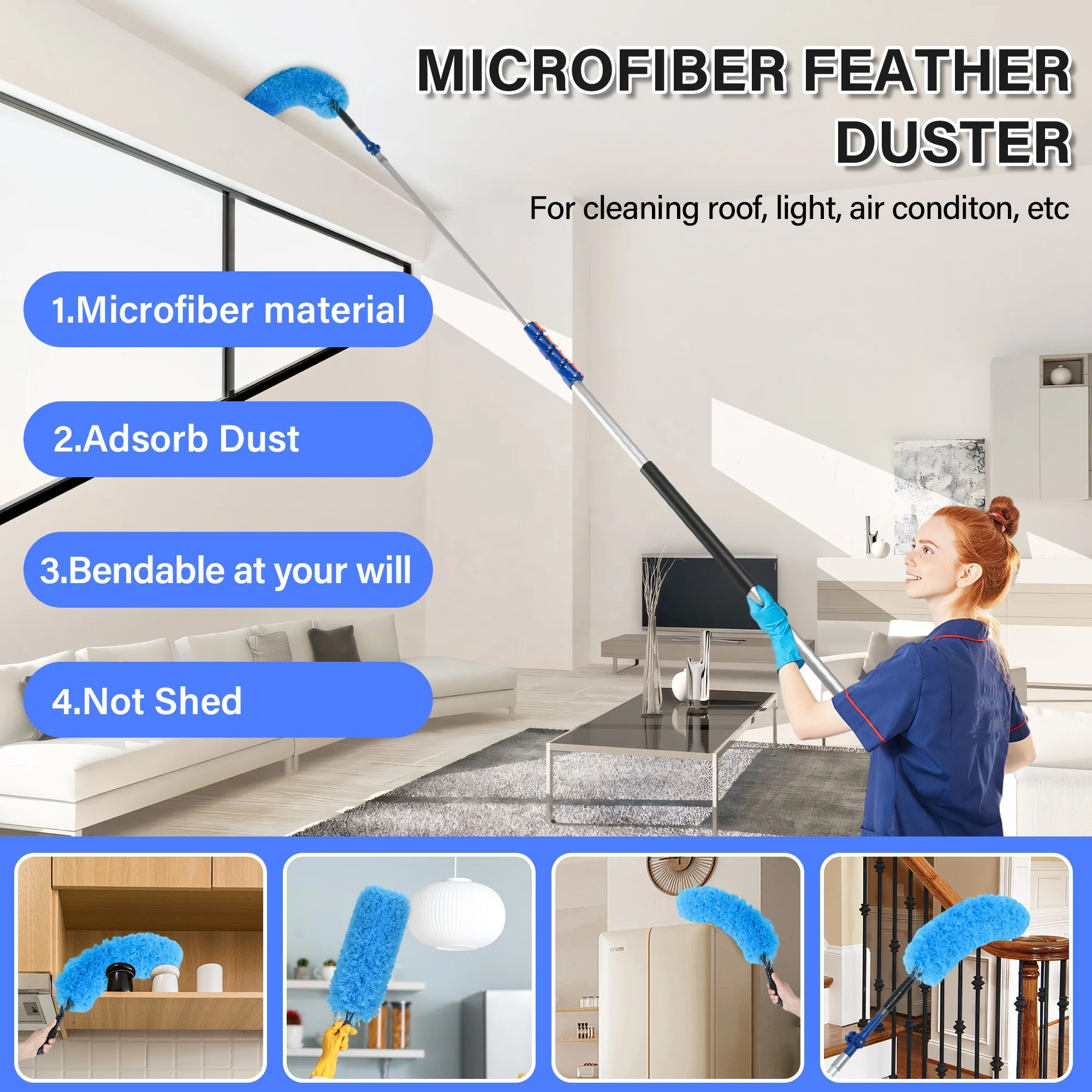 24ft Detachable Room Home Cleaning Telescopic Pole Rod Dust Microfiber ...